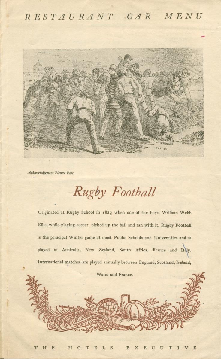 RUGBY RESTAURANT CAR MENU (1950S) - Rugby Menus & Cards: Sportspages.com