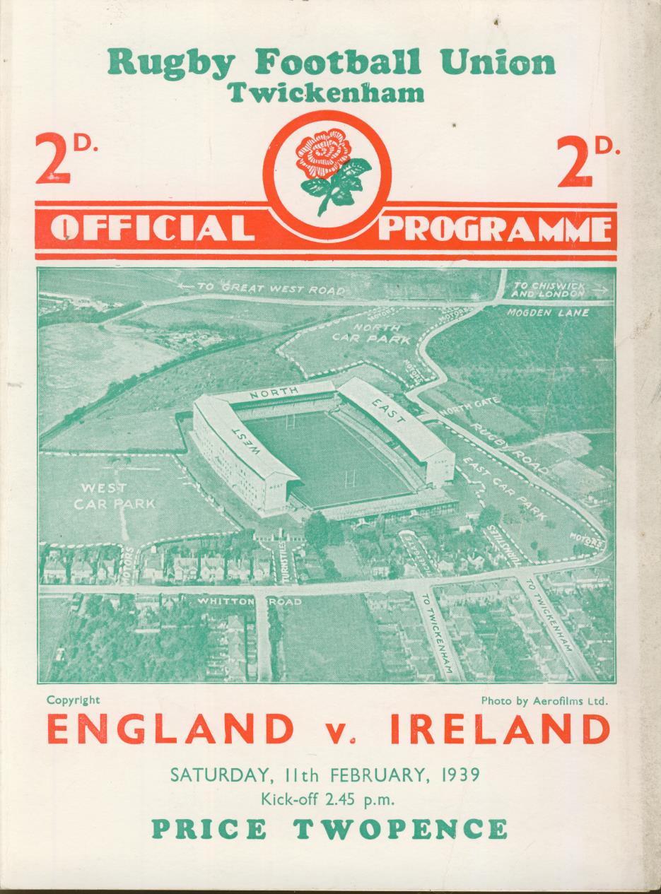 ENGLAND V IRELAND 1939 RUGBY PROGRAMME - England Rugby Union Programmes ...