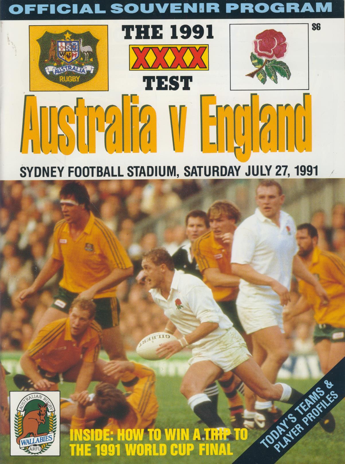 AUSTRALIA V ENGLAND 1991 RUGBY PROGRAMME - Australia Rugby Programmes ...