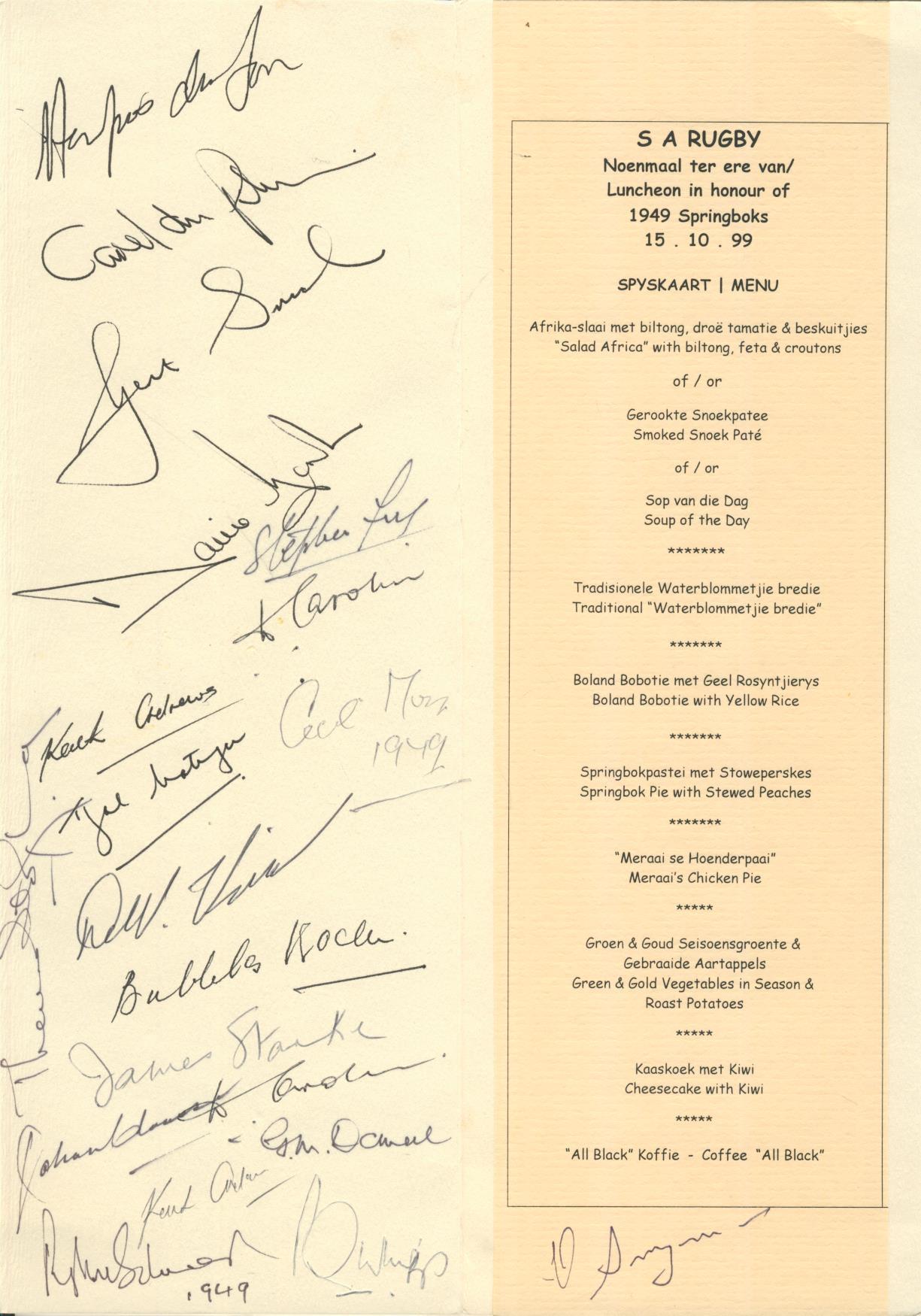 SOUTH AFRICA RUGBY TEAM 1949 50TH ANNIVERSARY LUNCHEON MENU (1999 ...