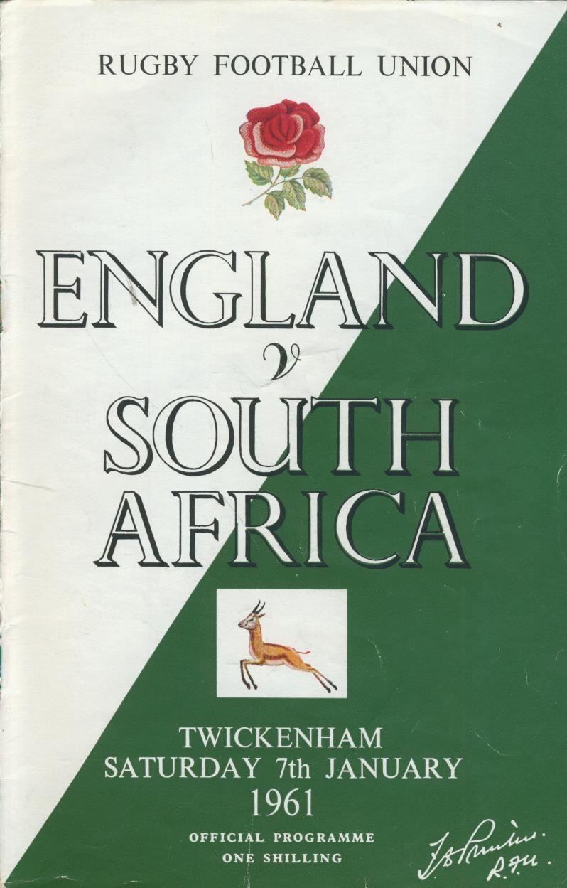 ENGLAND V SOUTH AFRICA 1961 RUGBY PROGRAMME - England Rugby Union ...