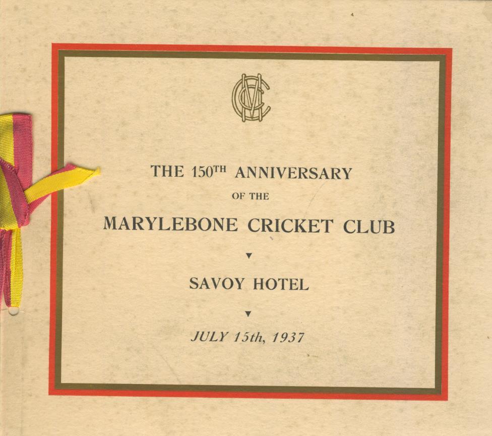 MARYLEBONE CRICKET CLUB 150TH ANNIVERSARY DINNER MENU 1937 - Cricket ...