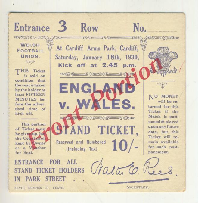 WALES V ENGLAND 1930 RUGBY TICKET - Rugby Tickets & Passes: Sportspages.com