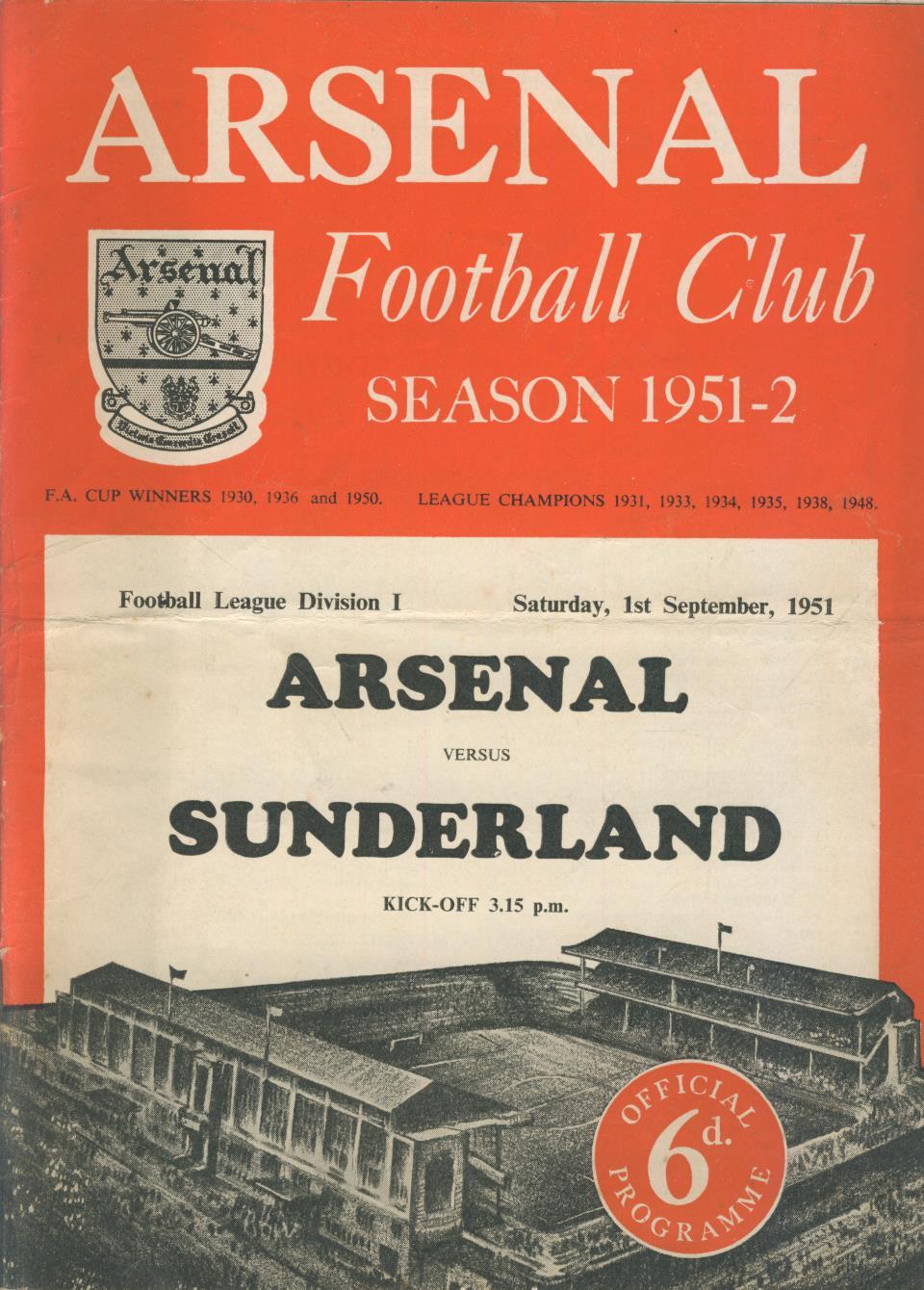 ARSENAL V SUNDERLAND 1951-52 FOOTBALL PROGRAMME - Domestic League ...
