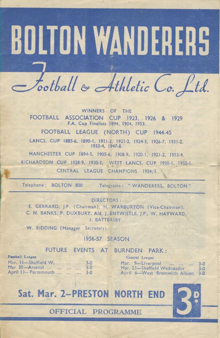 BOLTON WANDERERS V PRESTON NORTH END 1956-57 FOOTBALL PROGRAMME ...