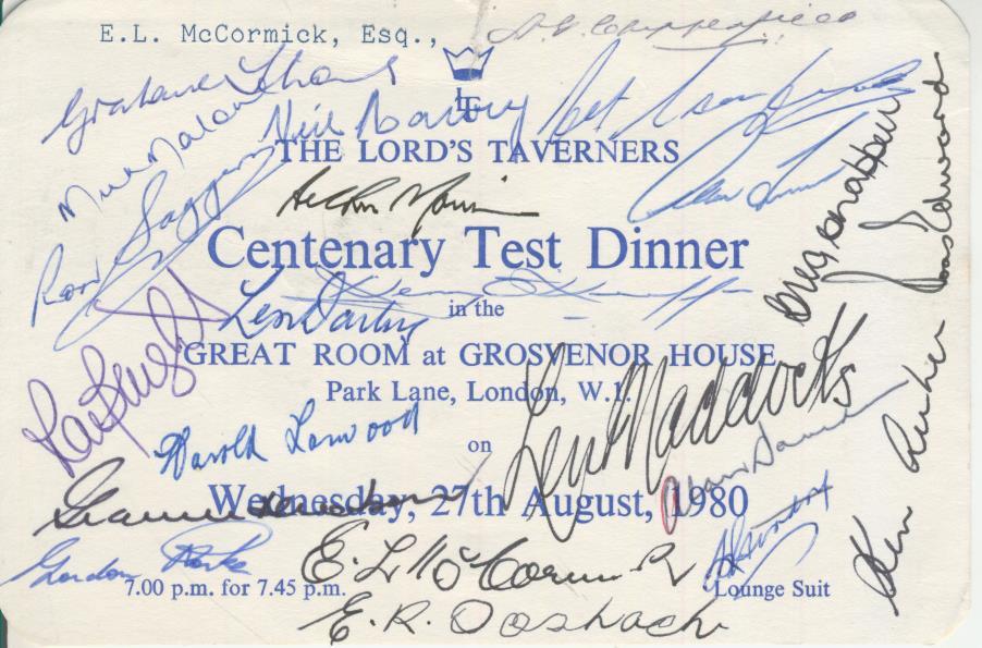 THE LORD'S TAVERNERS CENTENARY TEST DINNER INVITATION 1980 - SIGNED BY ...