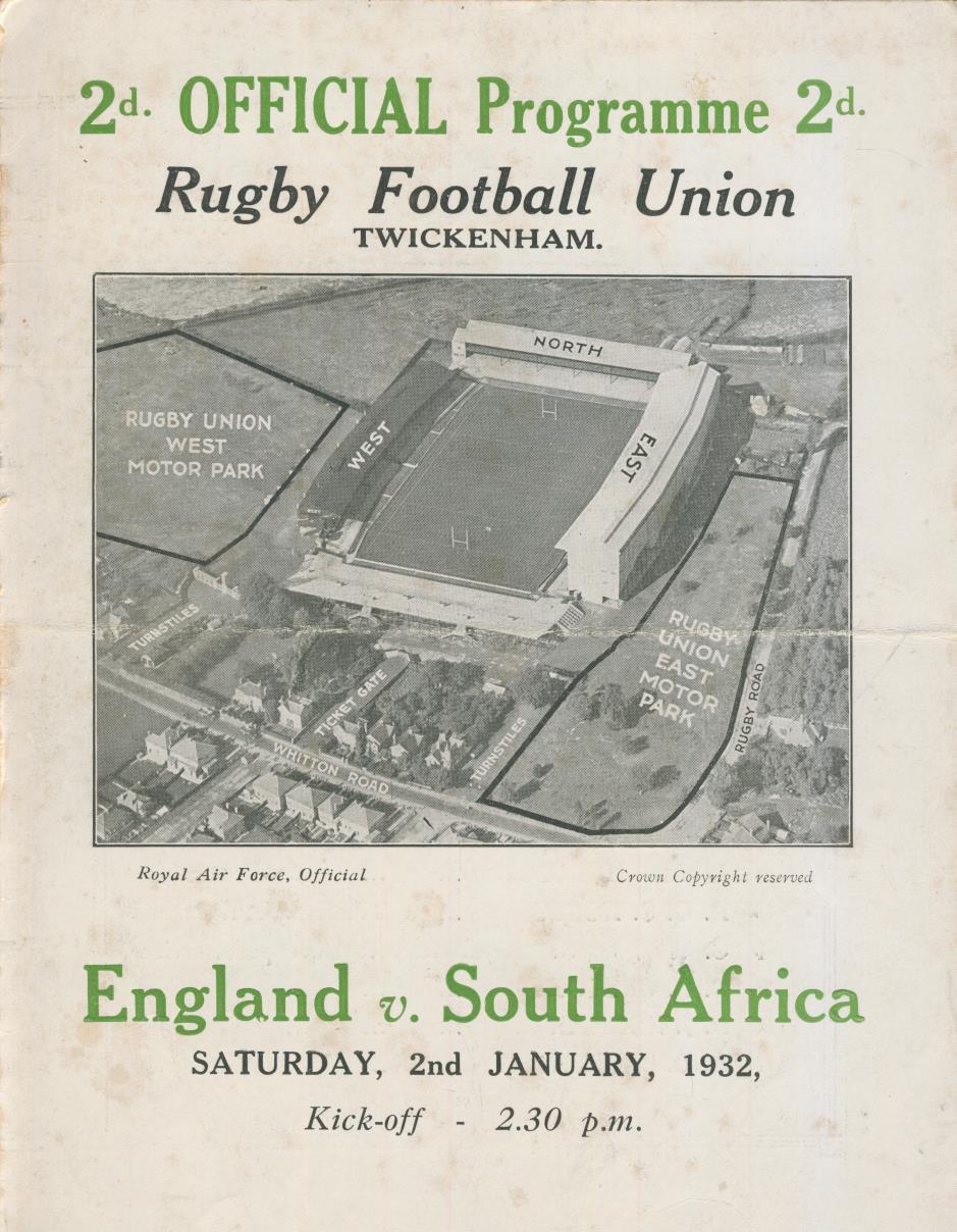 ENGLAND V SOUTH AFRICA 1932 RUGBY PROGRAMME - England Rugby Union ...