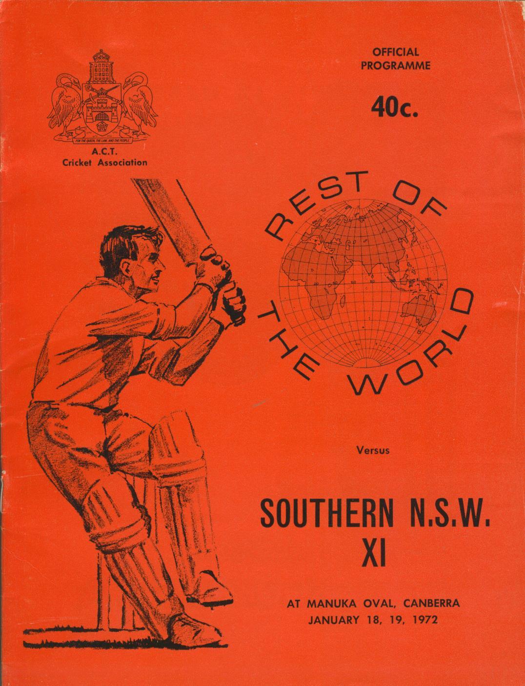 SOUTHERN N.S.W. XI V REST OF THE WORLD XI 1972 CRICKET PROGRAMME ...