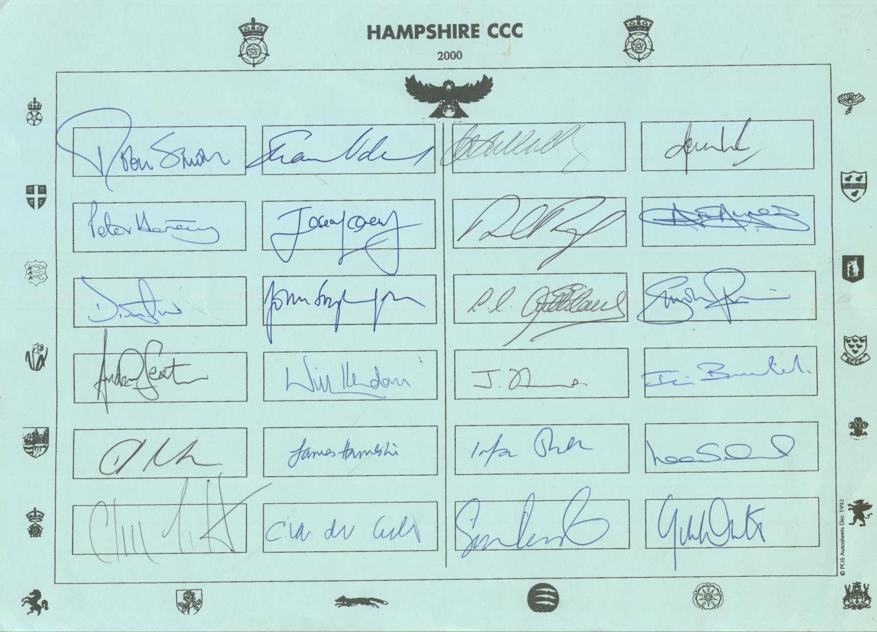 HAMPSHIRE COUNTY CRICKET CLUB 2000 AUTOGRAPH SHEET - Signed cricket ...