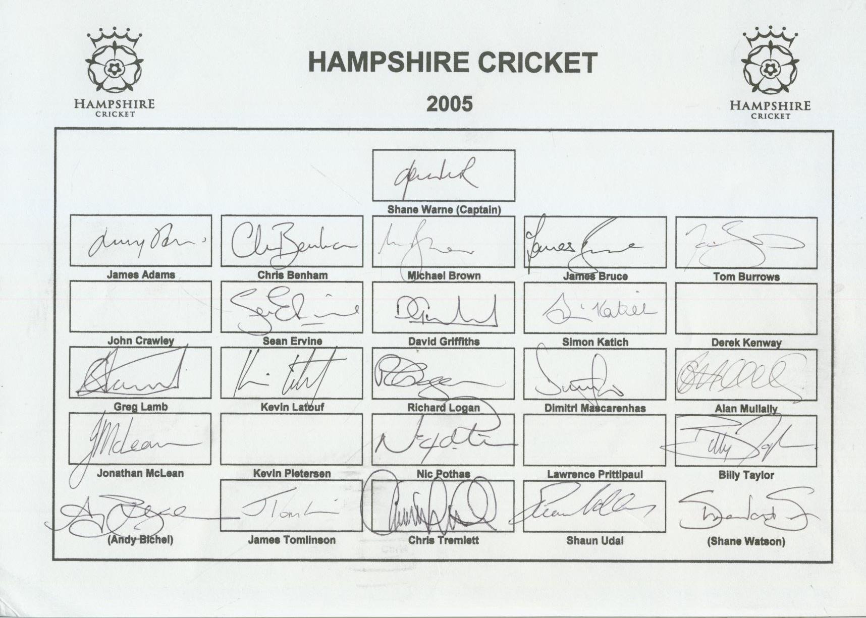 HAMPSHIRE COUNTY CRICKET CLUB 2005 AUTOGRAPH SHEET - Signed cricket ...