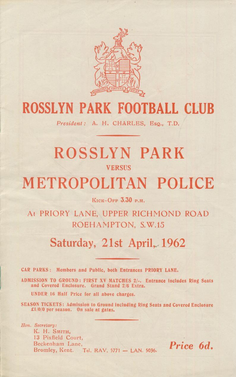 ROSSLYN PARK V METROPOLITAN POLICE 1962 RUGBY PROGRAMME - Rugby Union ...