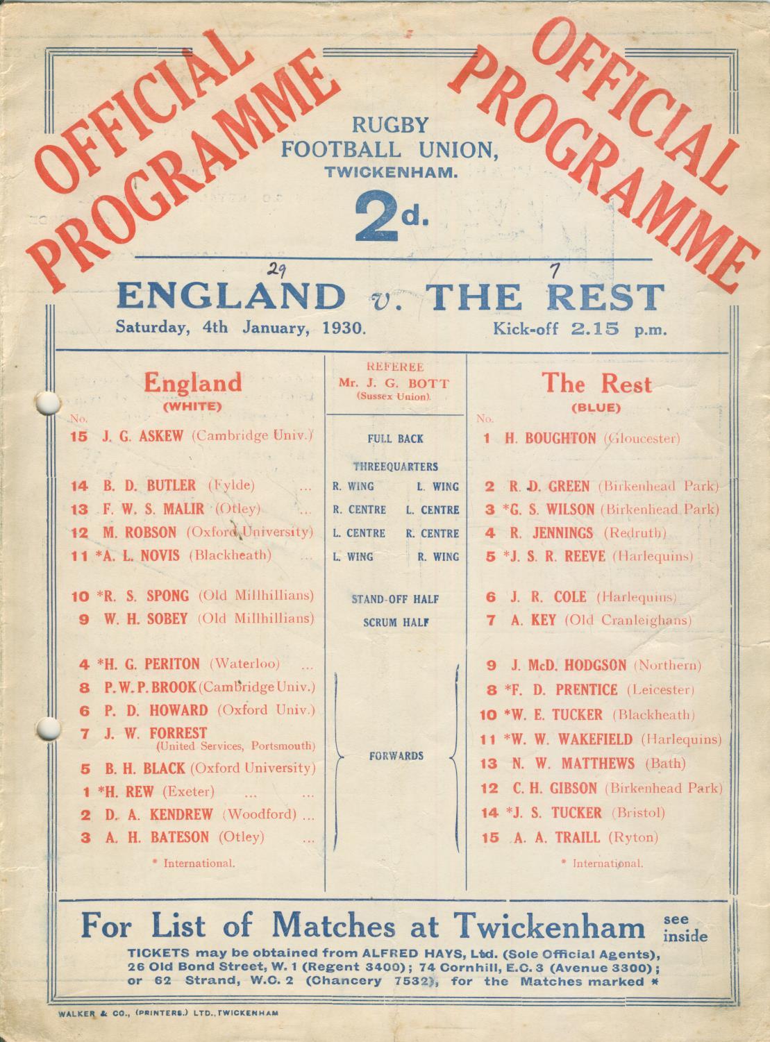 ENGLAND V THE REST 1930 RUGBY PROGRAMME - England Rugby Union ...