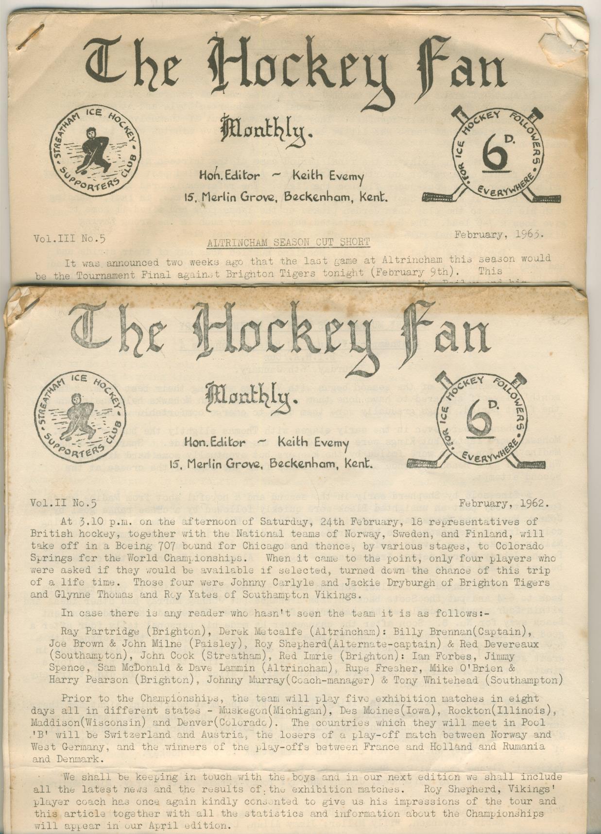 THE HOCKEY FAN MONTHLY 1962-63 (2 ISSUES) - ICE HOCKEY MAGAZINE - Ice ...