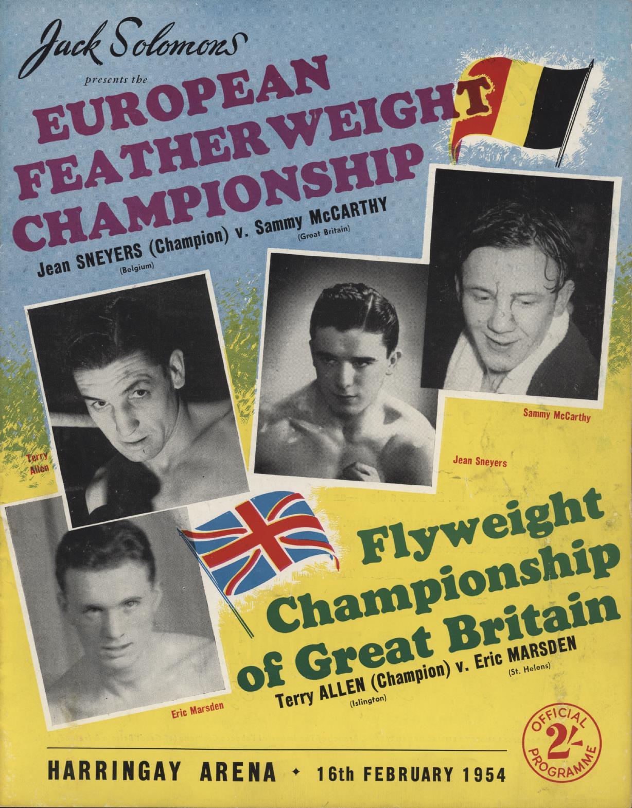 JEAN SNEYERS V SAMMY MCCARTHY 1954 BOXING PROGRAMME - Boxing programmes ...