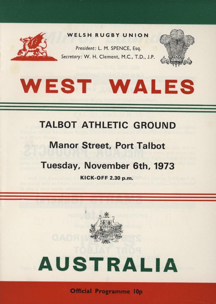 WEST WALES V AUSTRALIA 1973-74 RUGBY PROGRAMME - Australia Rugby ...
