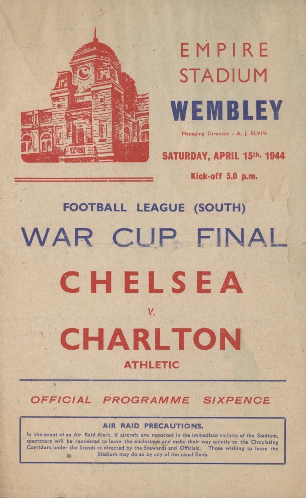 CHELSEA V CHARLTON ATHLETIC 1944 (WARTIME CUP FINAL) FOOTBALL PROGRAMME ...