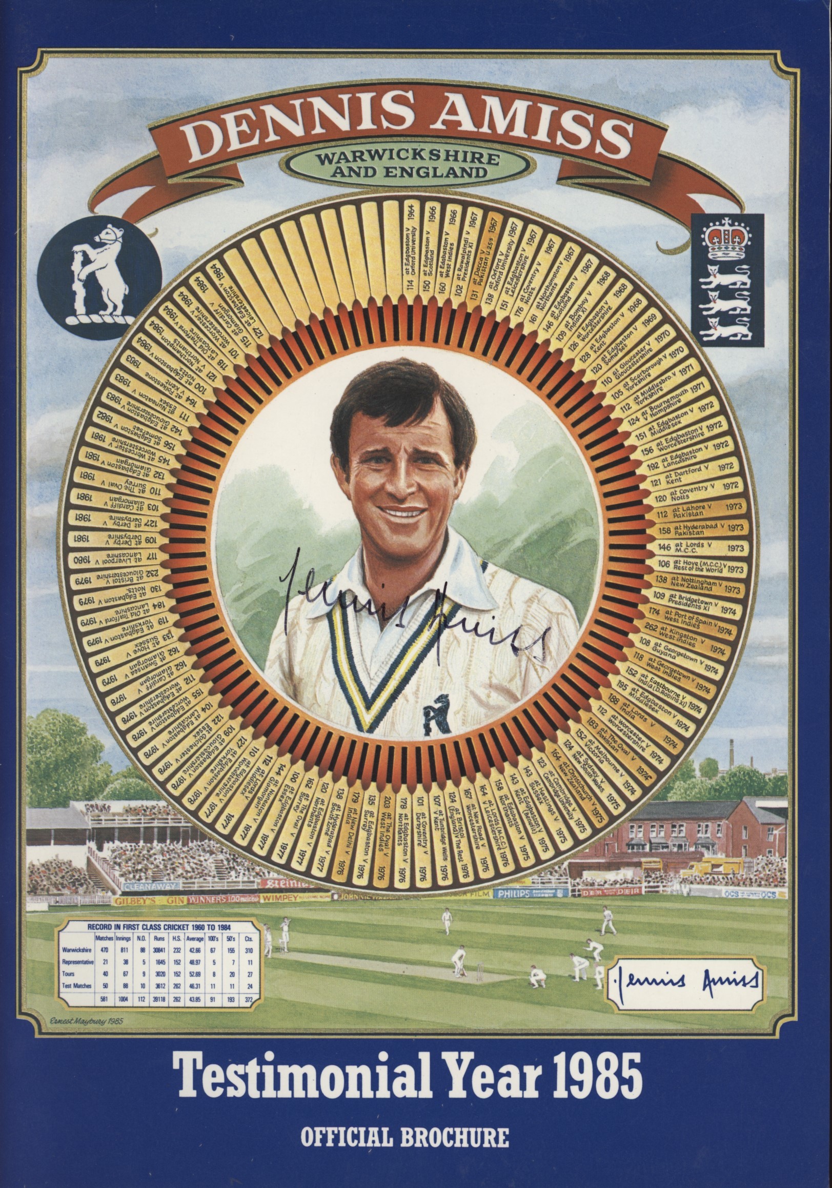 DENNIS AMISS (WARWICKSHIRE) 1985 SIGNED CRICKET BENEFIT BROCHURE ...