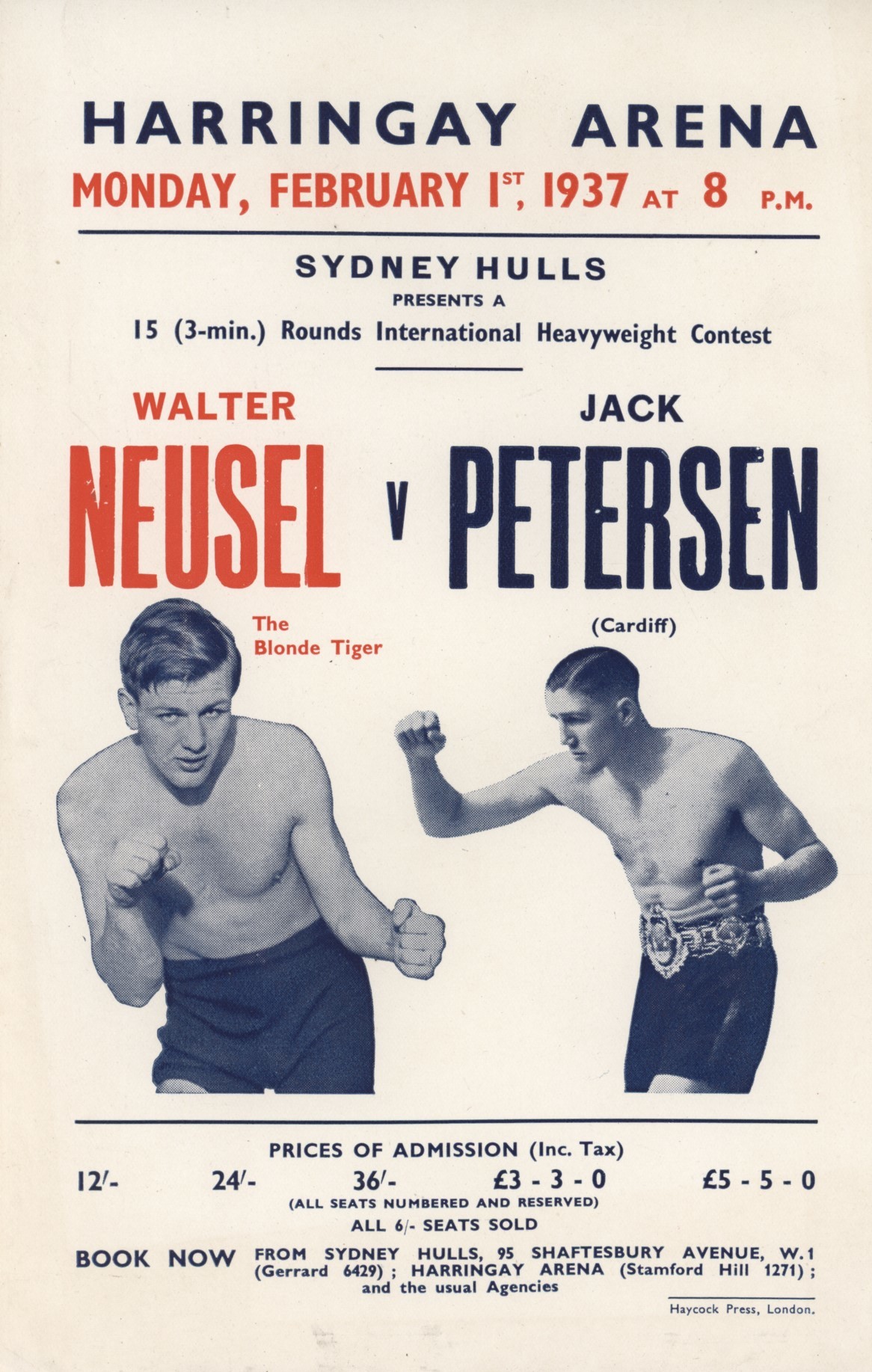 WALTER NEUSEL V JACK PETERSEN 1937 BOXING FLYER POSTER: Sportspages.com