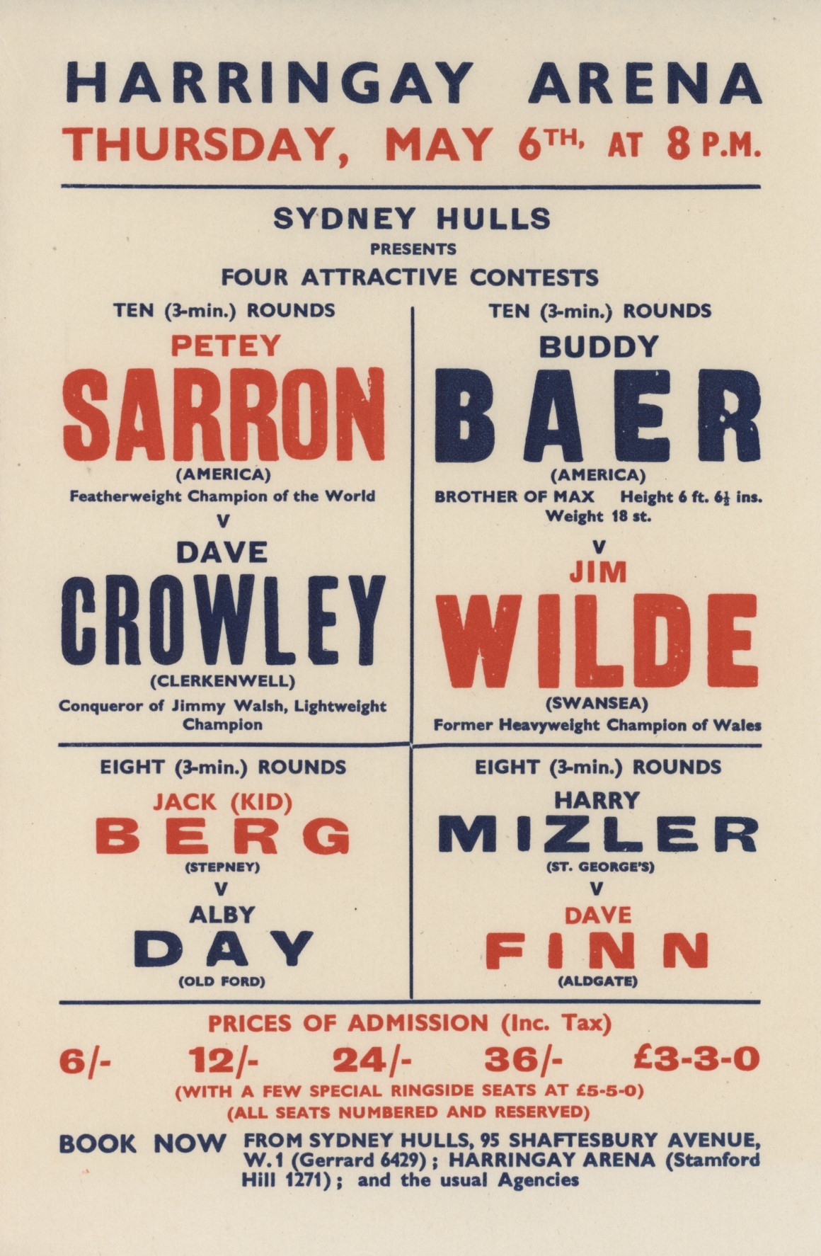 PETEY SARRON V DAVE CROWLEY 1937 BOXING FLYER POSTER: Sportspages.com