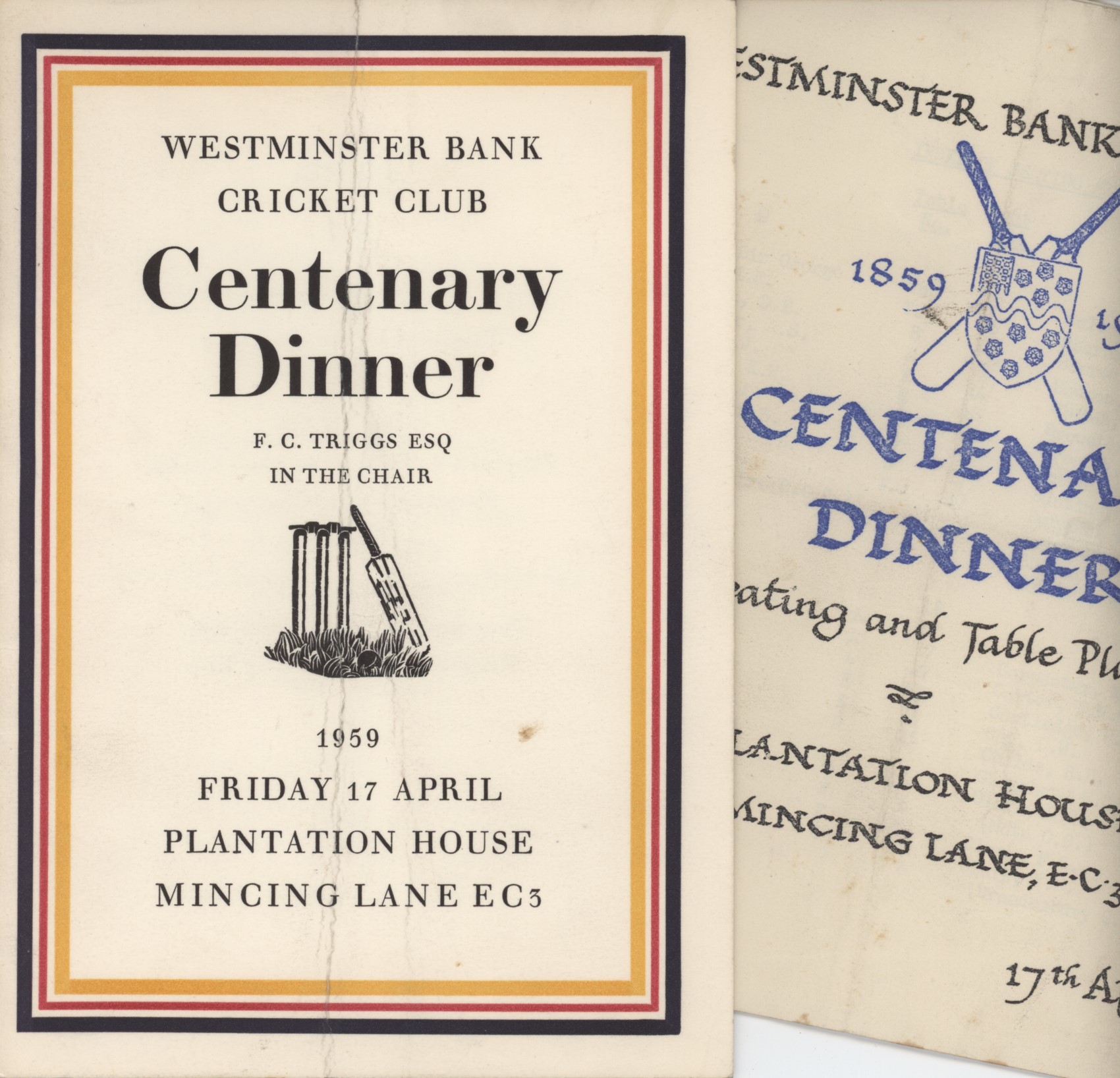 WESTMINSTER BANK CRICKET CLUB CENTENARY DINNER MENU 1959 - Cricket ...