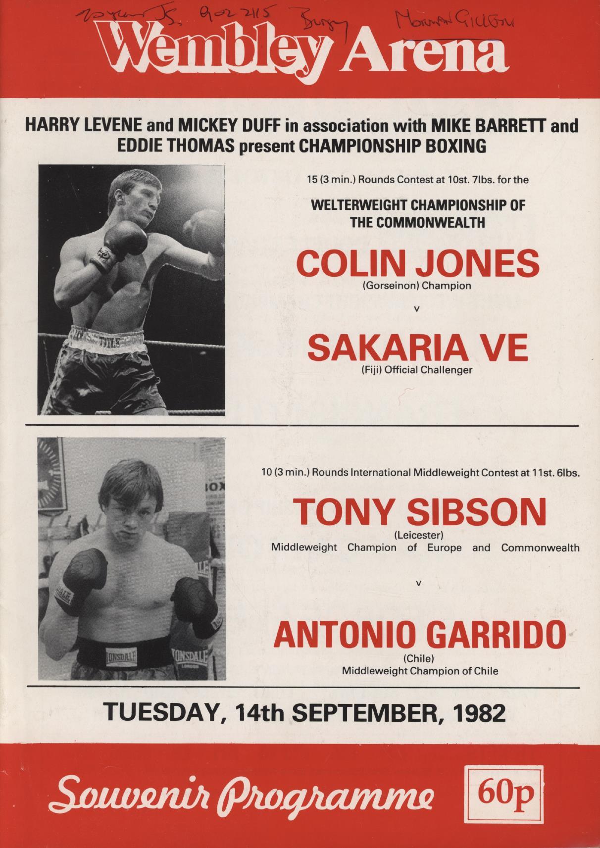 COLIN JONES V SAKARIA VE AND TONY SIBSON V ANTONIO GARRIDO 1982 BOXING ...