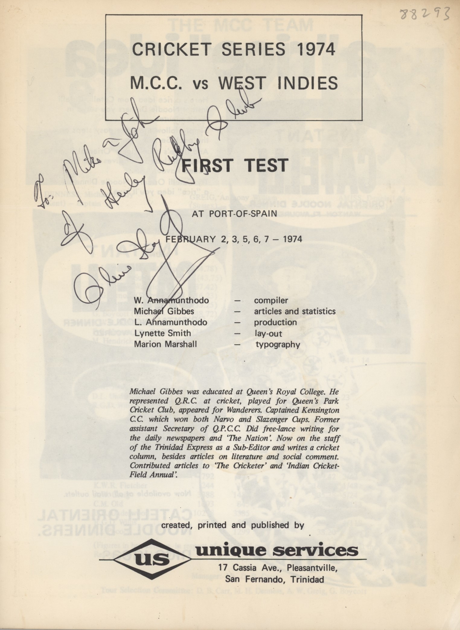 WEST INDIES V ENGLAND 1974 (FIRST TEST - TRINIDAD) CRICKET PROGRAMME ...