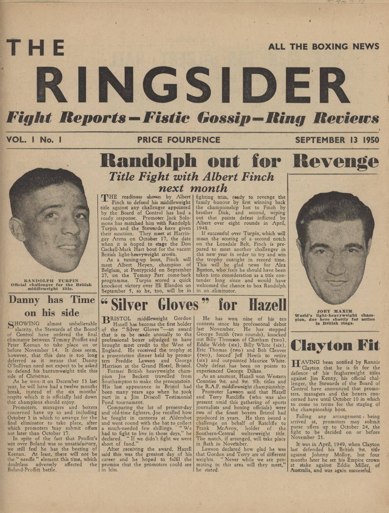 THE RINGSIDER VOL.I NO.I - 13 SEPTEMBER 1950 - Boxing Booklets ...
