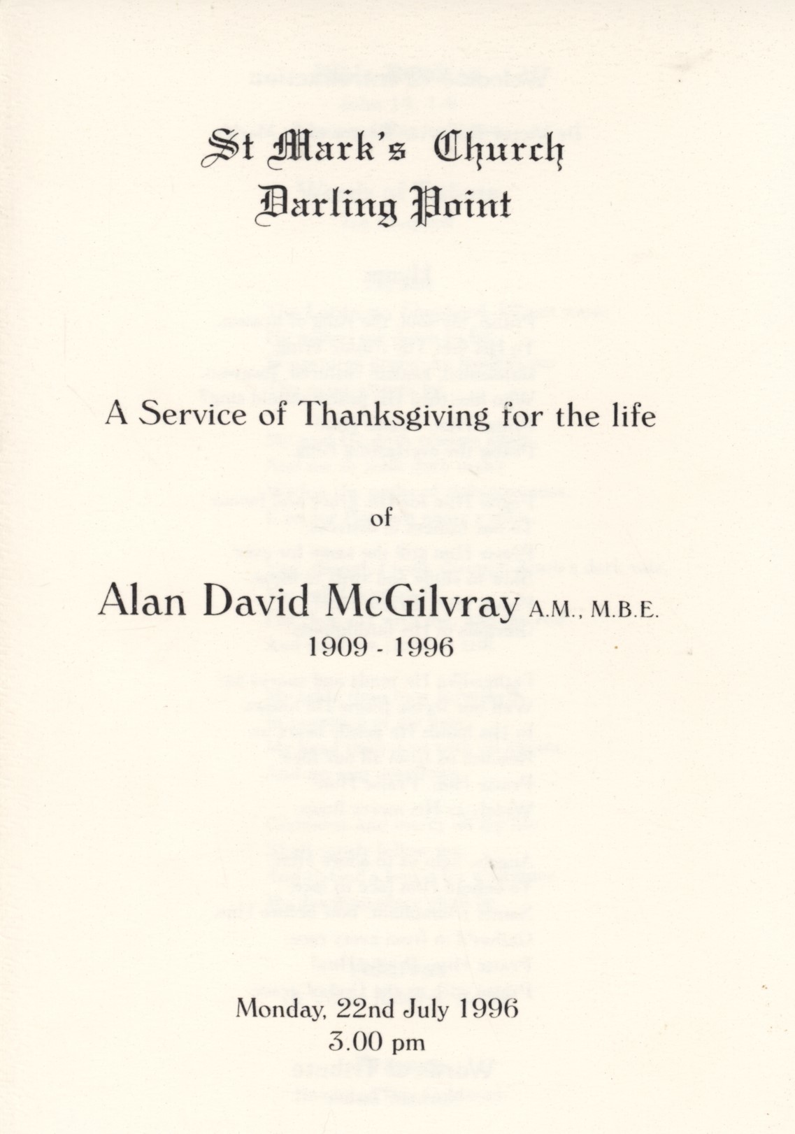 SERVICE OF THANKSGIVING FOR THE LIFE OF ALAN MCGILVRAY 1909-1996 ...
