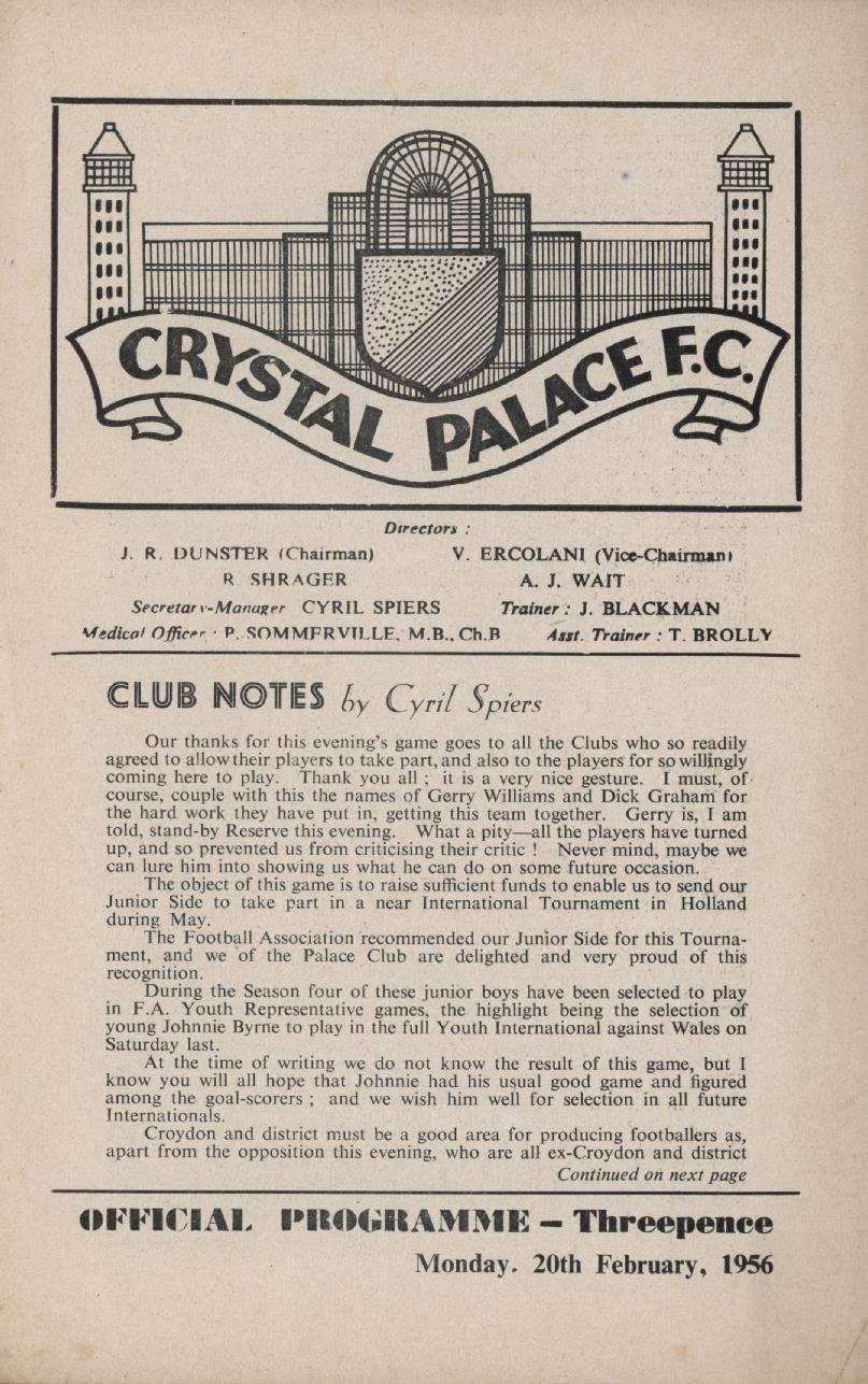 CRYSTAL PALACE V CROYDON PROFESSIONAL XI 1955-56 FOOTBALL PROGRAMME ...