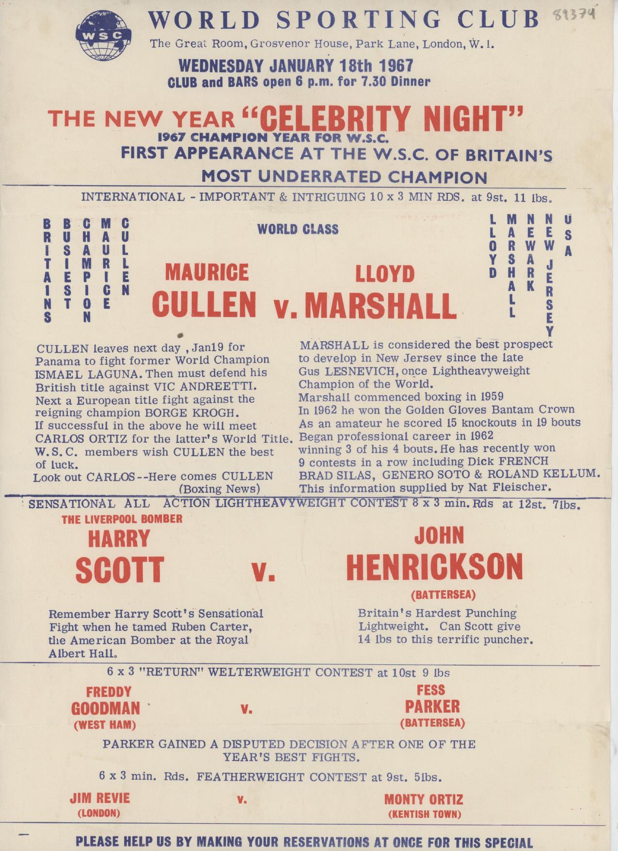 MAURICE CULLEN V LLOYD MARSHALL 1967 BOXING FLYER: Sportspages.com