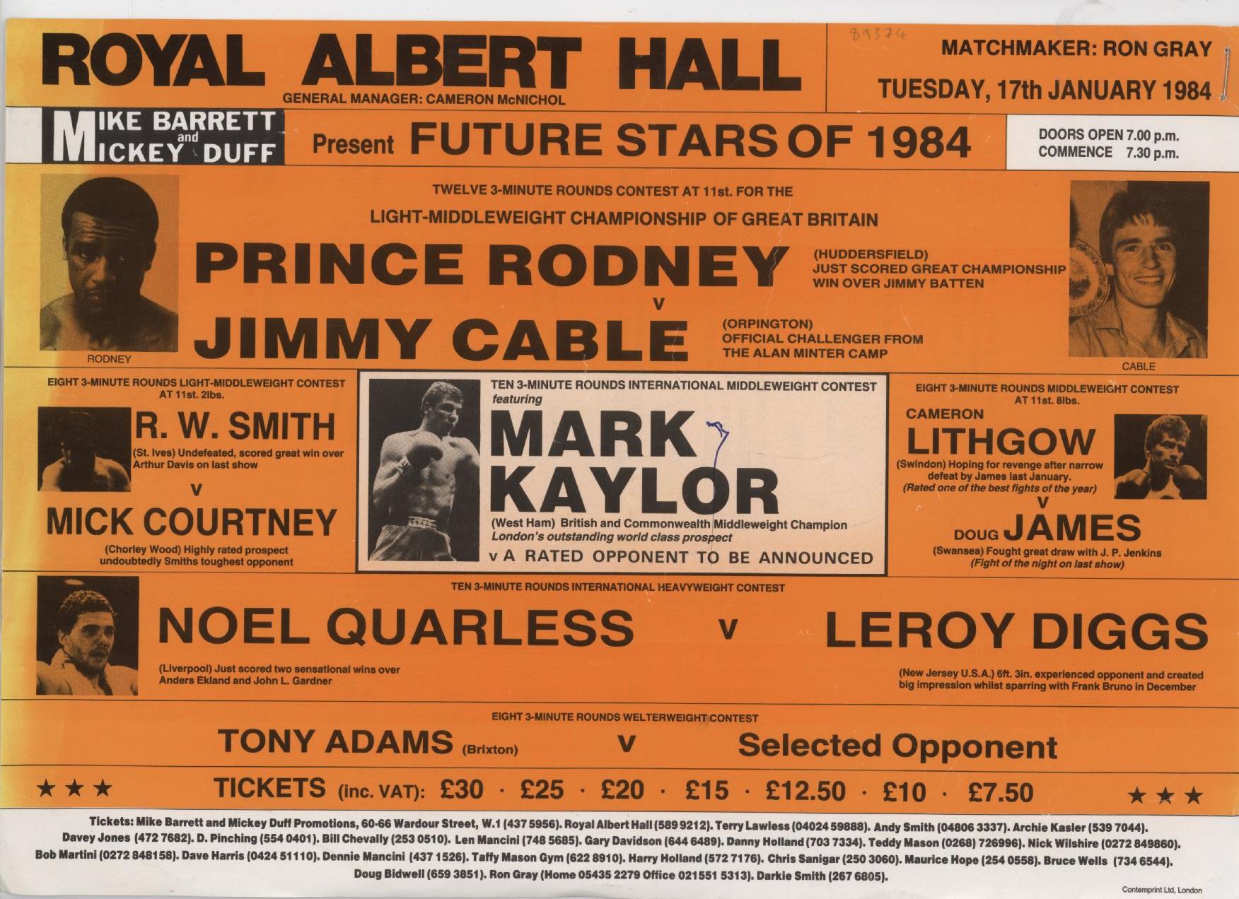 PRINCE RODNEY V JIMMY CABLE 1984 (ROYAL ALBERT HALL) BOXING FLYER ...
