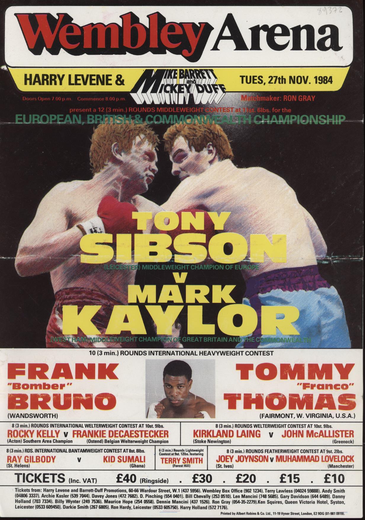 TONY SIBSON V MARK KAYLOR 1984 (WEMBLEY ARENA) BOXING FLYER ...