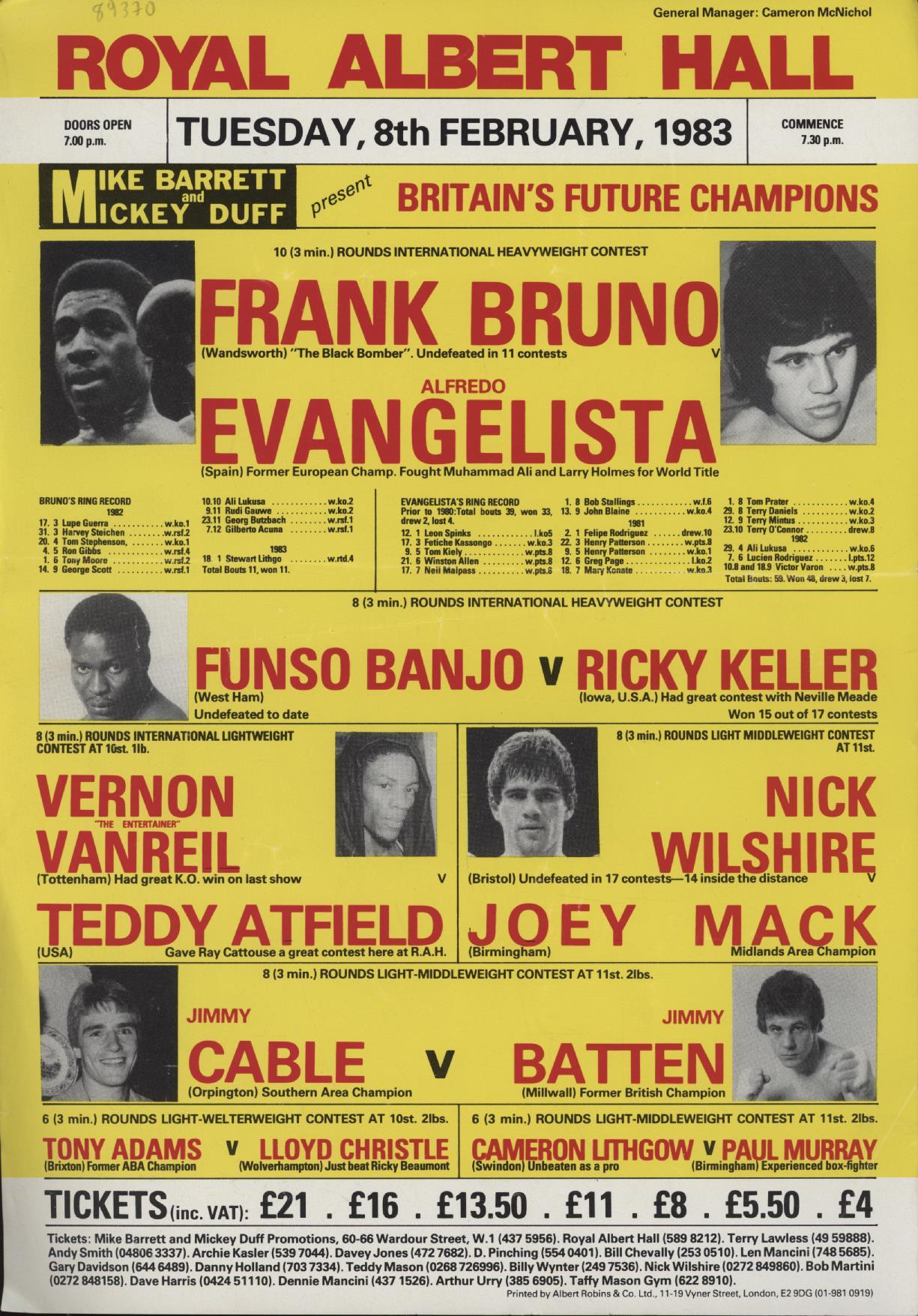 FRANK BRUNO V ALFREDO EVANGELISTA 1983 (ROYAL ALBERT HALL) BOXING FLYER ...