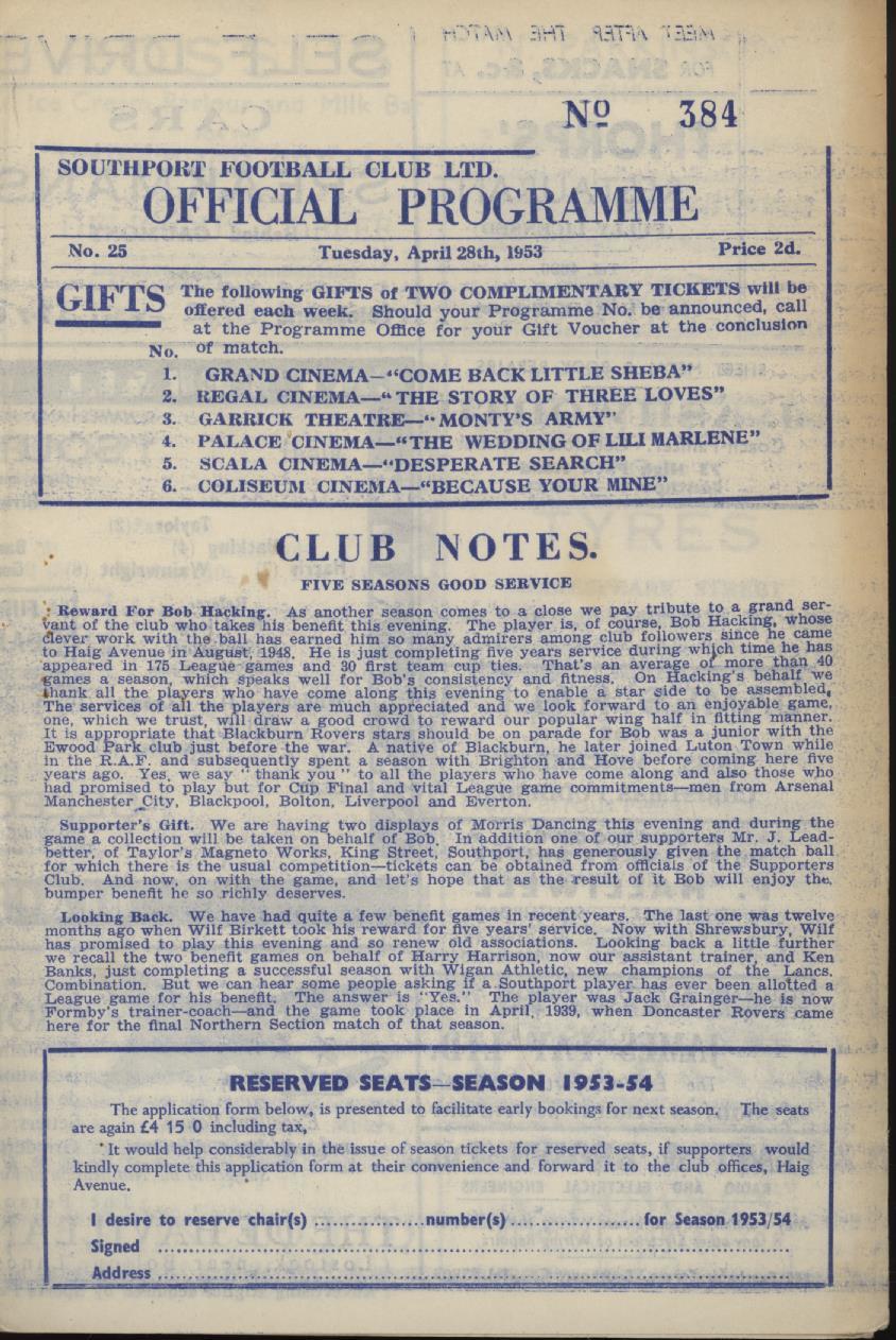SOUTHPORT V SELECTED XI (BOB HACKLING BENEFIT MATCH) 1953-54 FOOTBALL ...
