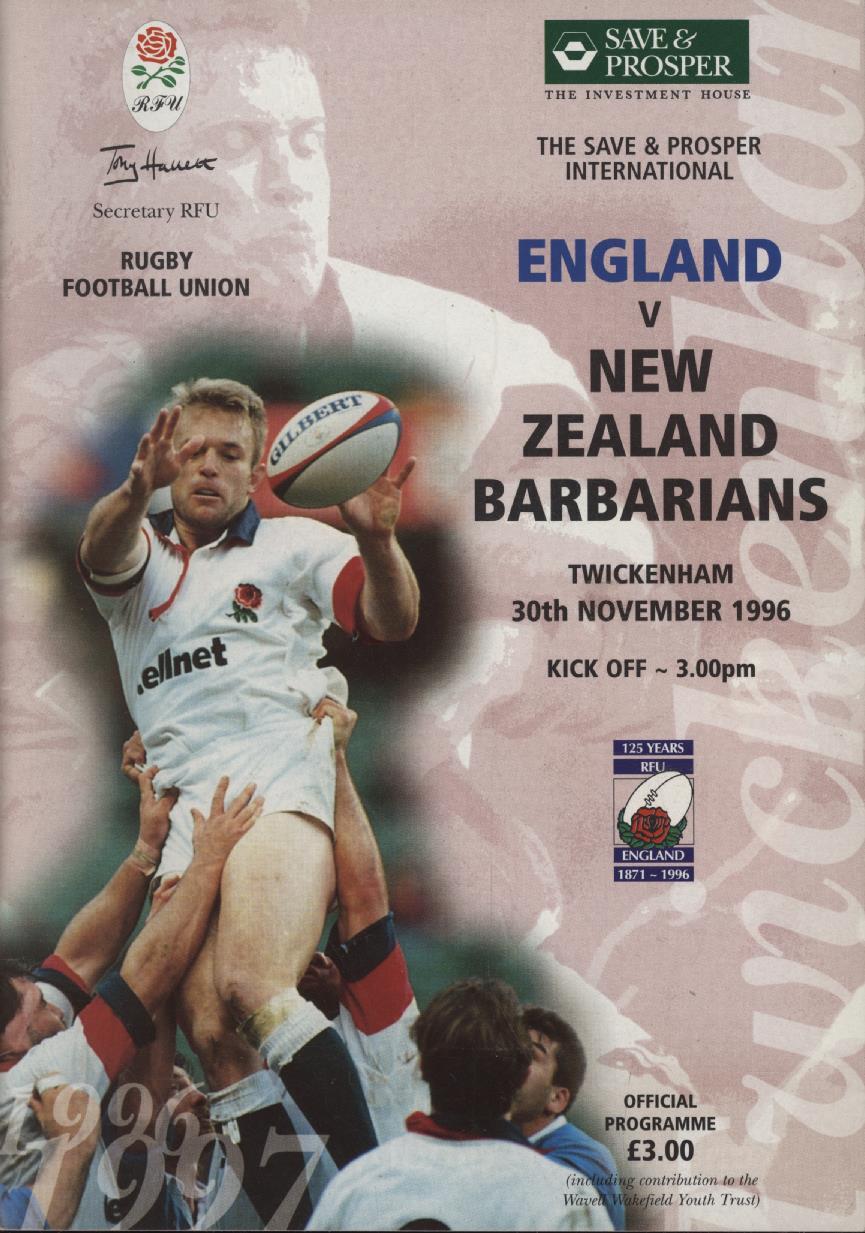 ENGLAND V NEW ZEALAND BARBARIANS 1996 RUGBY PROGRAMME - England Rugby ...