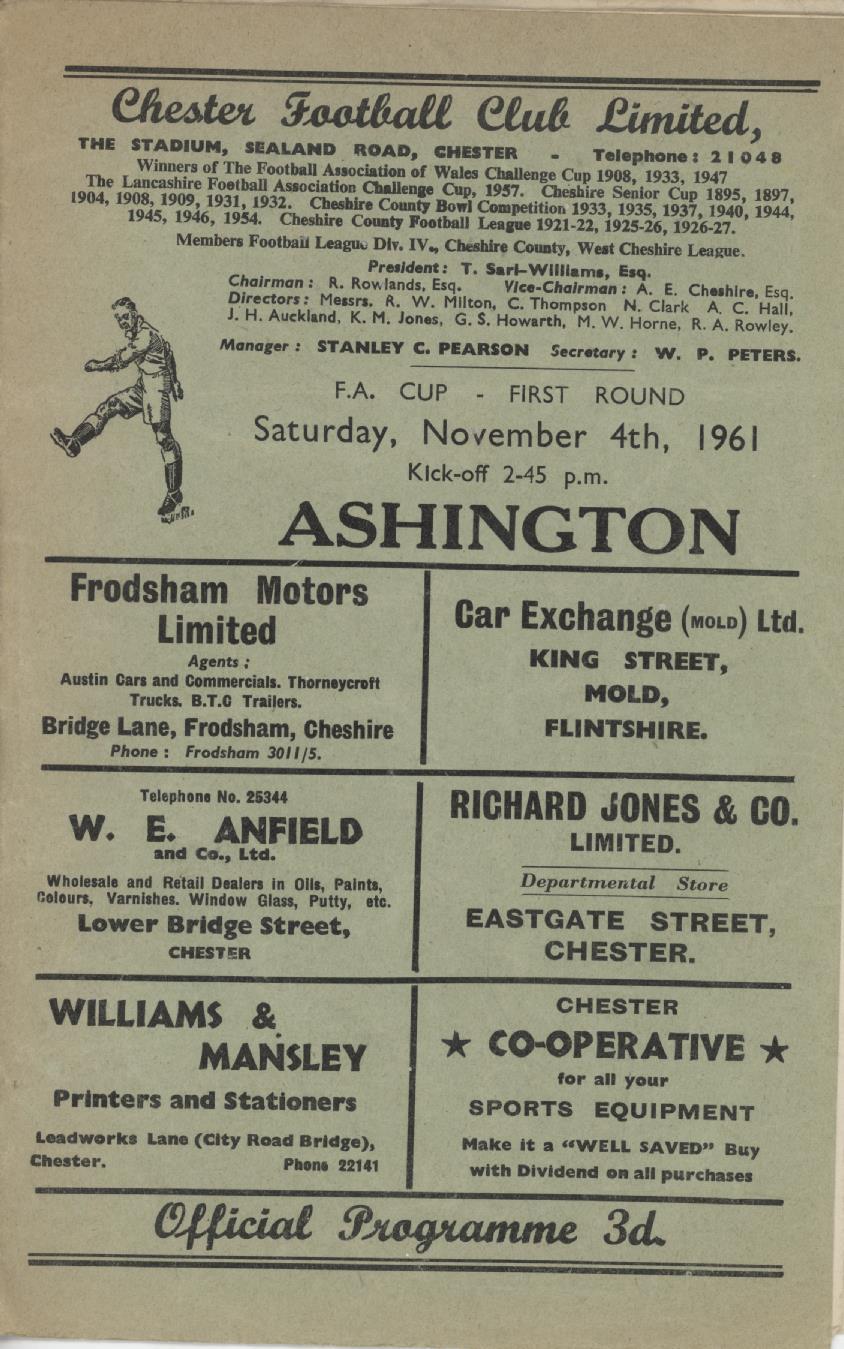 CHESTER V ASHINGTON (FA CUP 1ST ROUND) 1961-62 FOOTBALL PROGRAMME ...