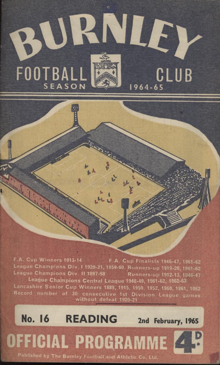 BURNLEY V READING 1964-65 FOOTBALL PROGRAMME - Football Programmes ...