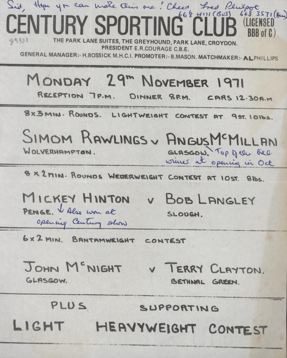 SIMON RAWINGS V ANGUS MCMILLAN 1971 (CROYDON) BOXING FLYER: Sportspages.com