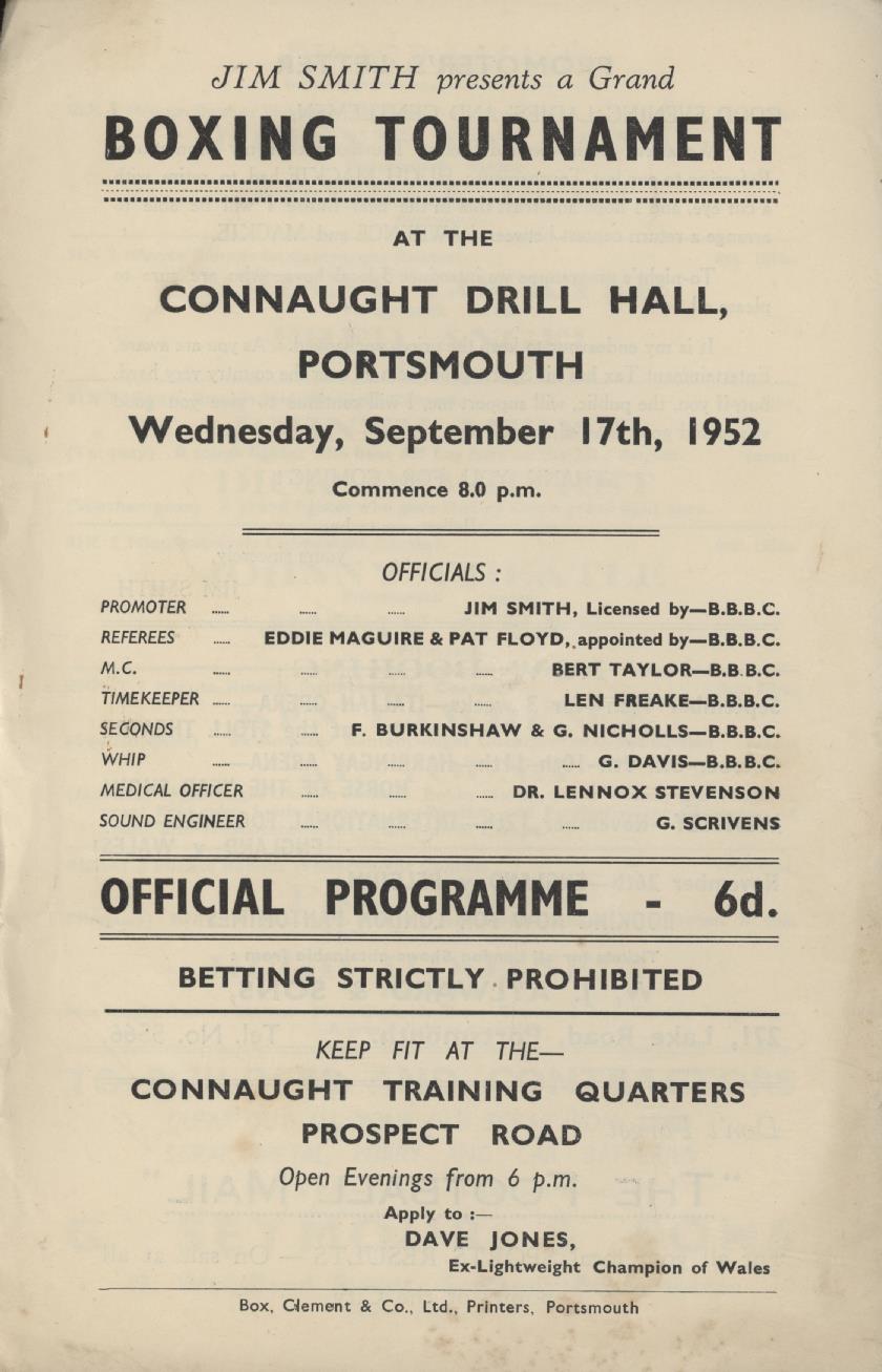 PAUL KING V HUGH O'DONNELL (PORTSMOUTH) 1952 BOXING PROGRAMME - Boxing ...