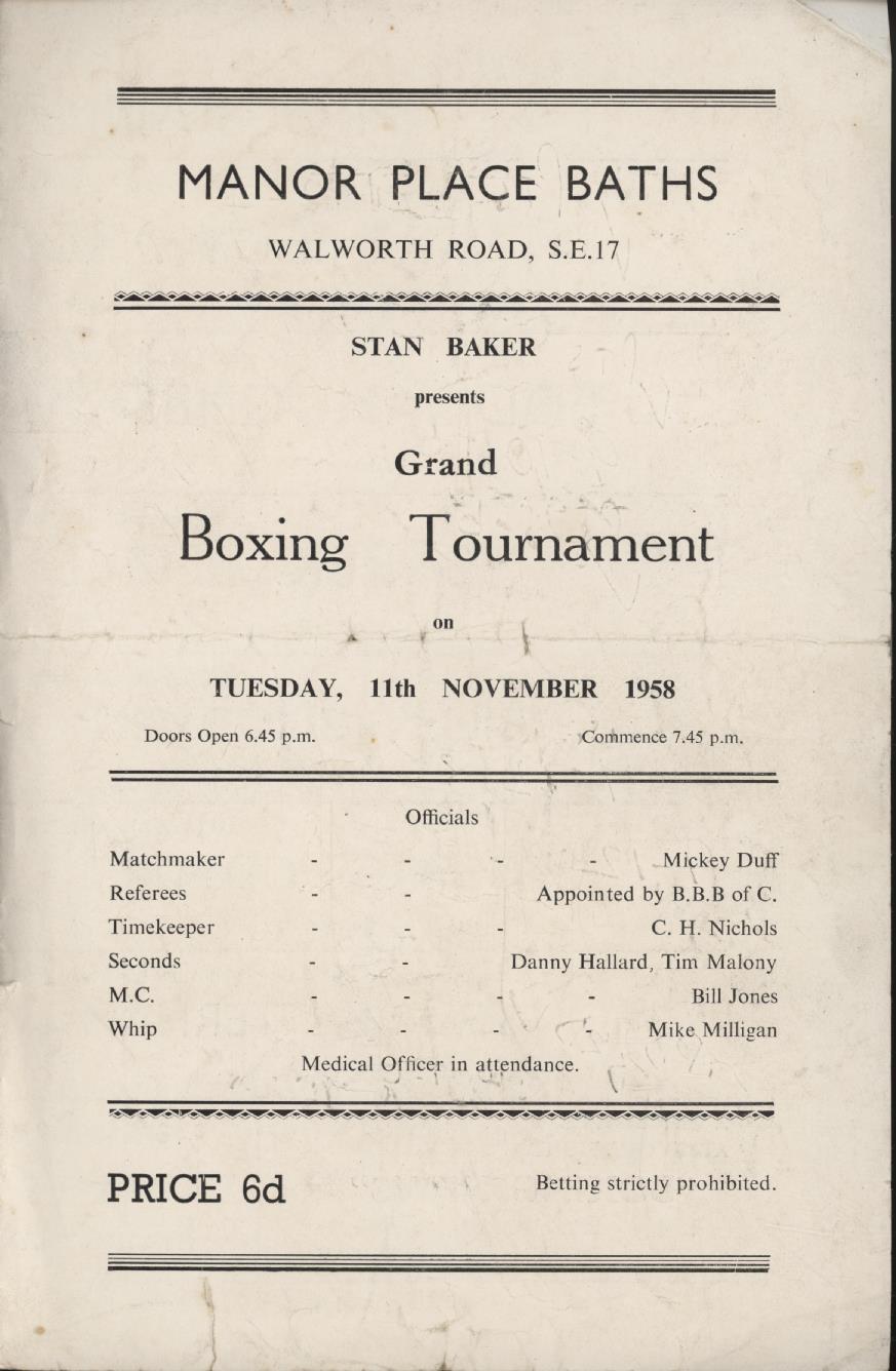 HARRY EDWARDS V ERNIE FOSSEY (WALWORTH ROAD) 1958 BOXING PROGRAMME ...