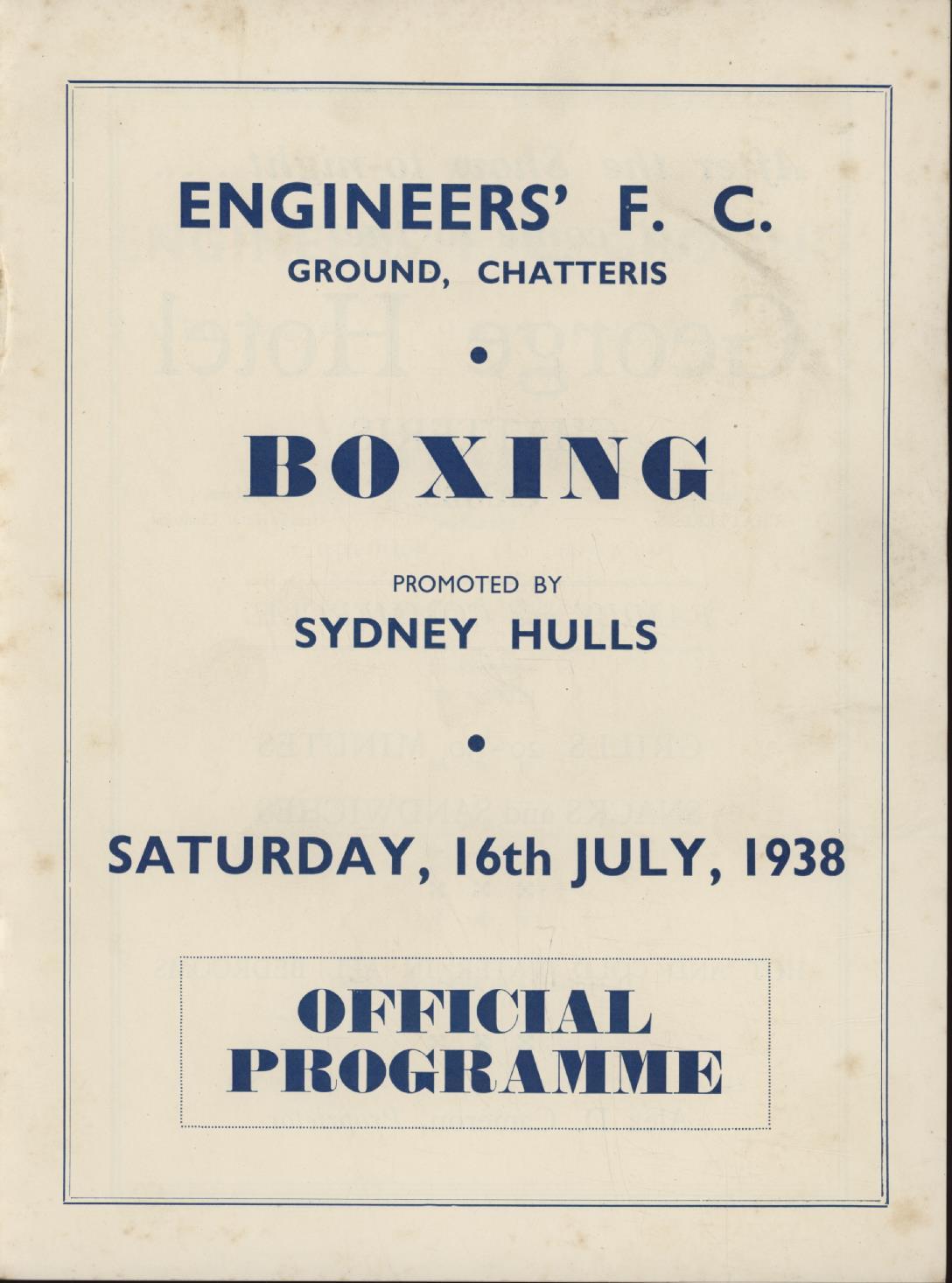 RAYMOND RENARD V ERIC BOON 1938 BOXING PROGRAMME - Pre-war boxing programmes: Sportspages.com