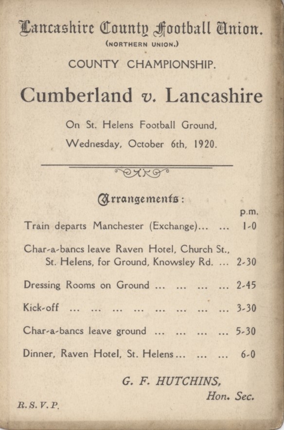 LANCASHIRE V CUMBERLAND 1920 RUGBY LEAGUE MATCH - PLAYERS' ITINERARY ...