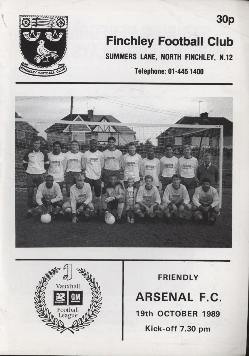 FINCHLEY V ARSENAL FC (FRIENDLY MATCH) 1989-90 FOOTBALL PROGRAMME ...