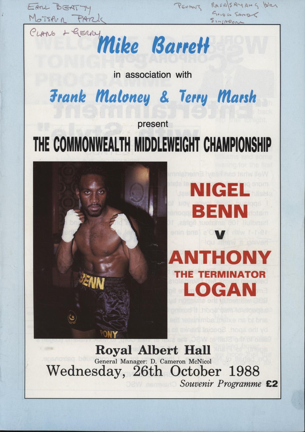 NIGEL BENN V ANTHONY LOGAN (COMMONWEALTH MIDDLEWEIGHT CHAMPIONSHIP ...