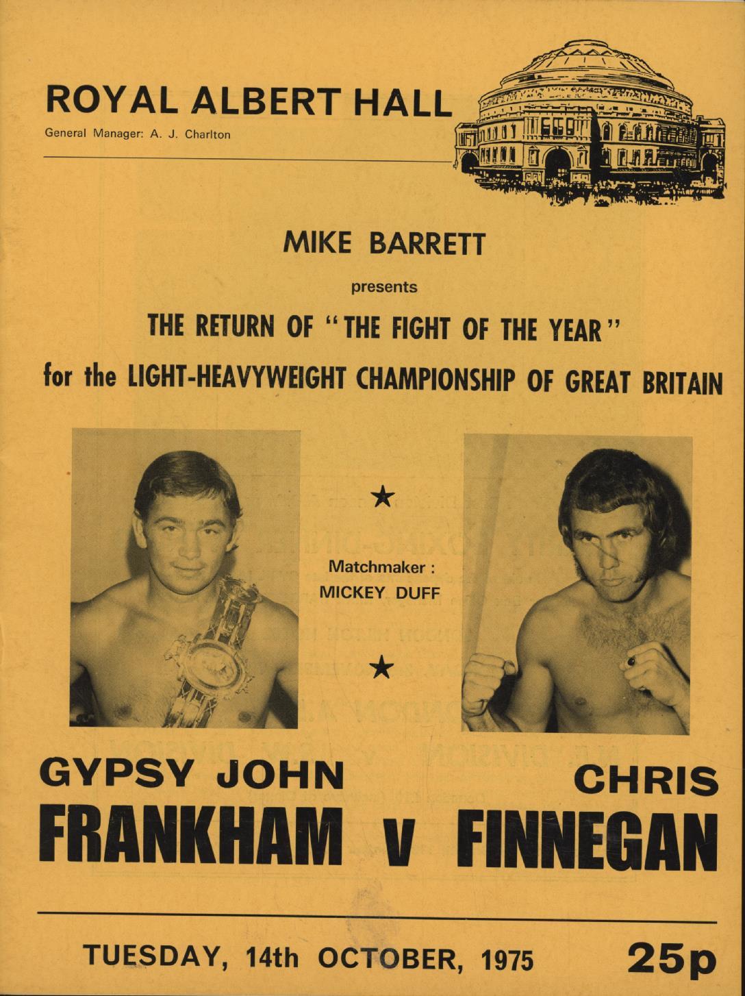 JOHN FRANKHAM V CHRIS FINNEGAN 1975 BOXING PROGRAMME - Boxing ...