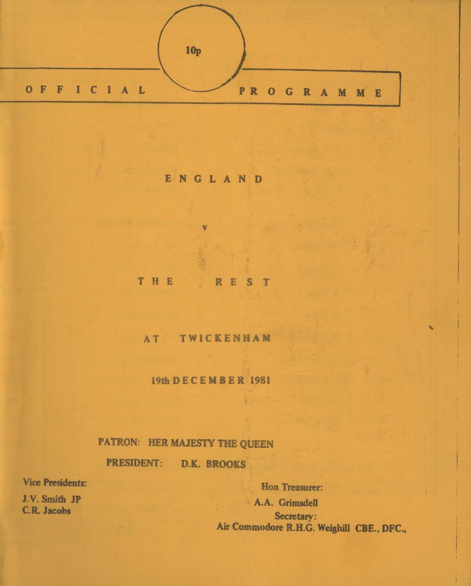ENGLAND V THE REST 1981 RUGBY PROGRAMME - England Rugby Union ...