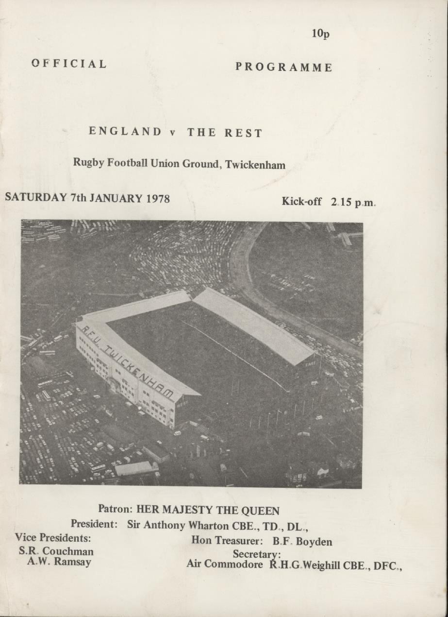 ENGLAND V THE REST 1978 RUGBY PROGRAMME - England Rugby Union ...
