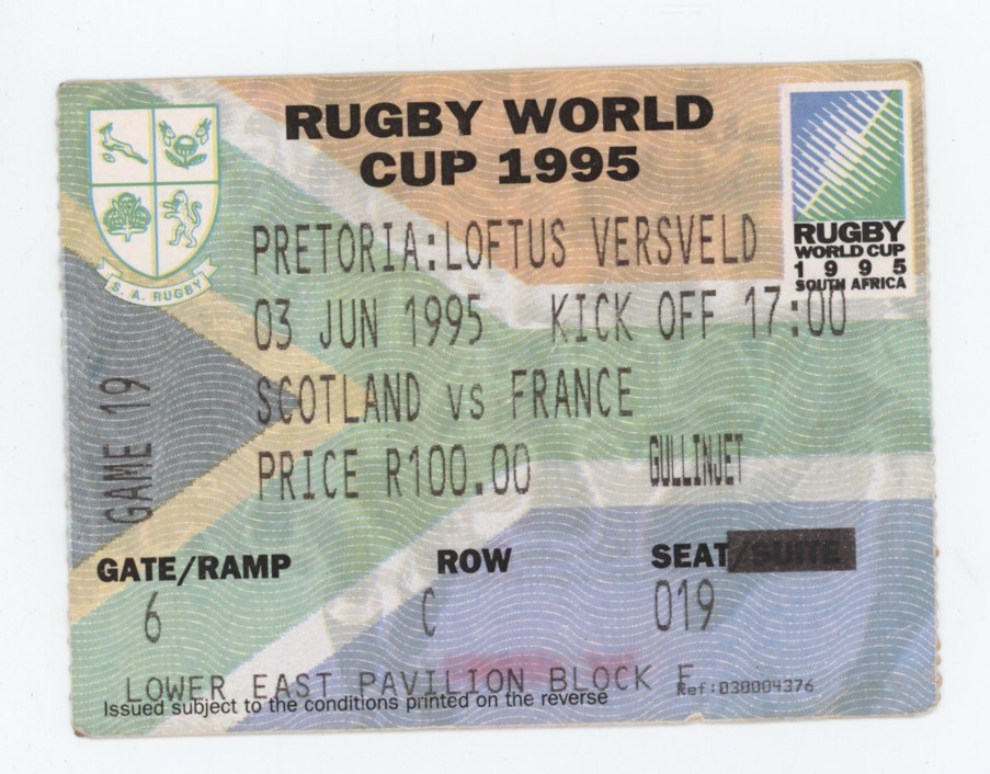 SCOTLAND V FRANCE 1995 (WORLD CUP) RUGBY UNION TICKET - Rugby Tickets ...