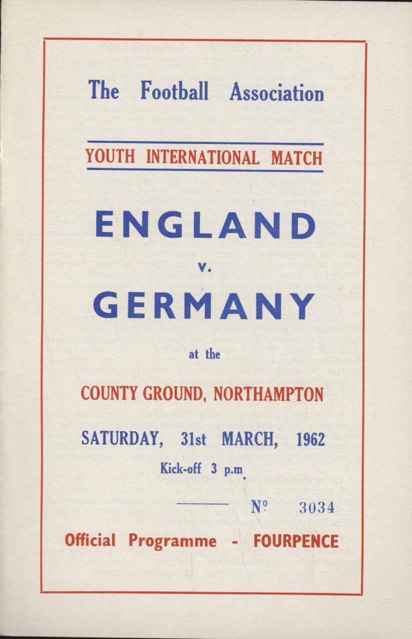 ENGLAND V GERMANY (YOUTH INTERNATIONAL) 1961-62 FOOTBALL PROGRAMME ...