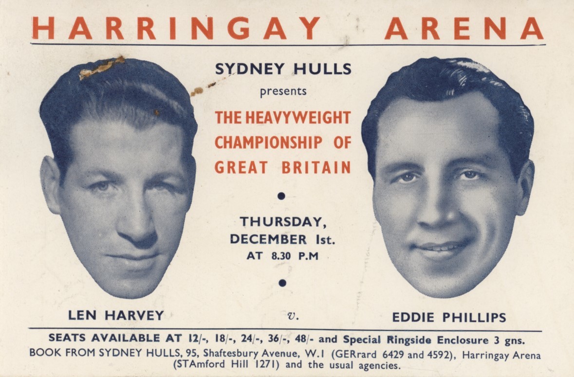 LEN HARVEY V EDDIE PHILLIPS 1938 BOXING ADVERTISING CARD: Sportspages.com